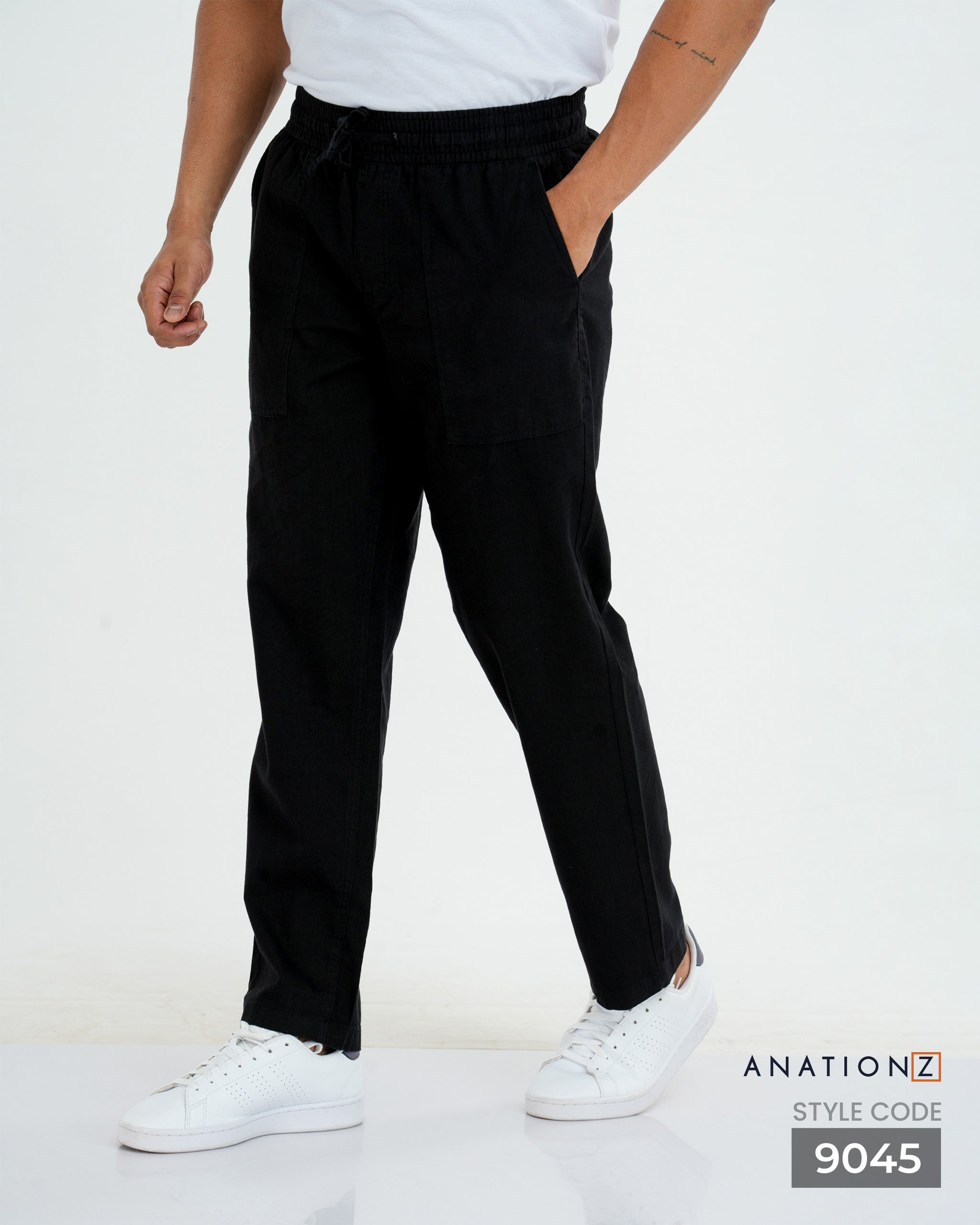 AnationZ Black Linen Cotton Relaxed Fit Pants with Patch Pockets