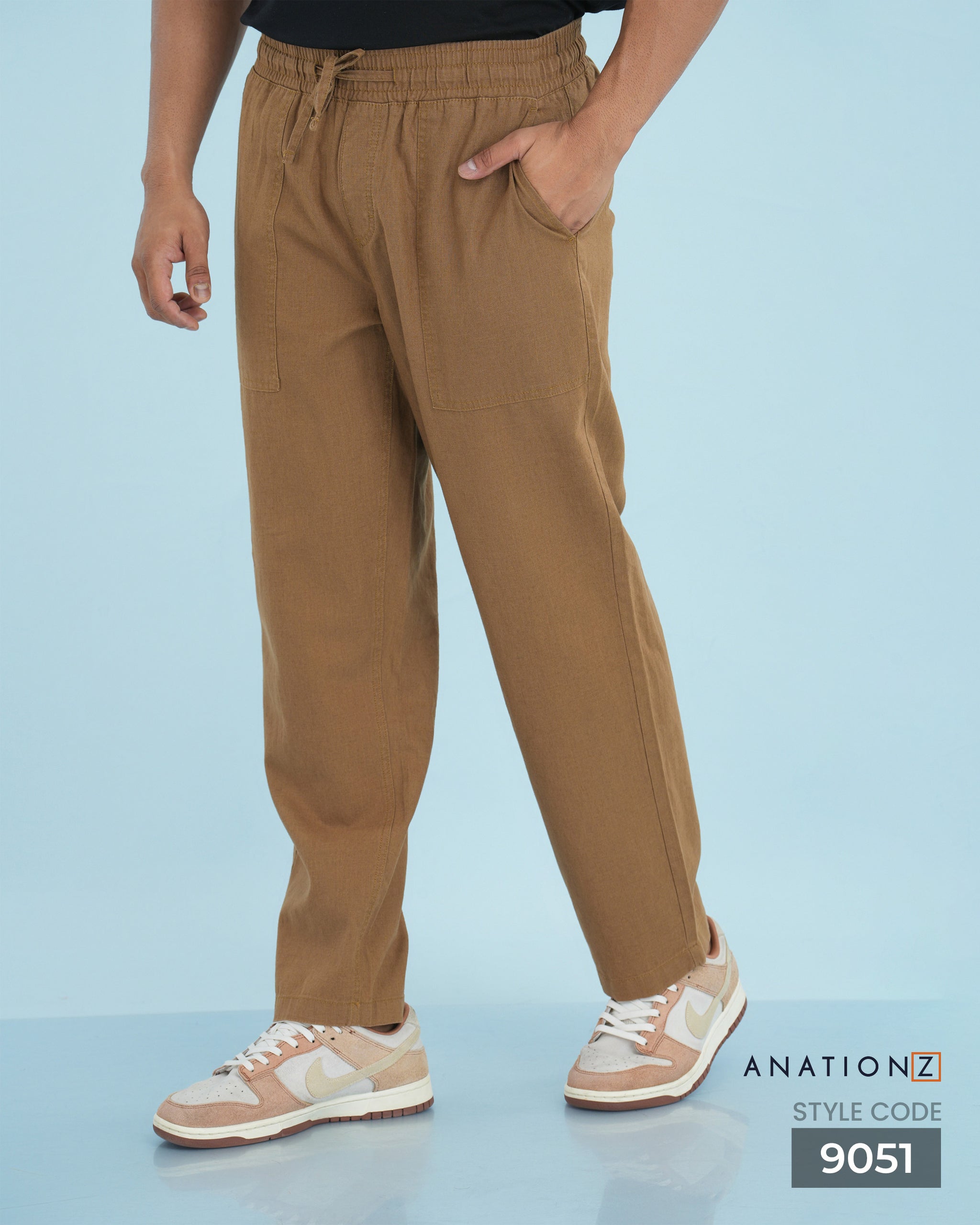 AnationZ Caramel Linen Cotton Relaxed Fit Pants with Patch Pockets