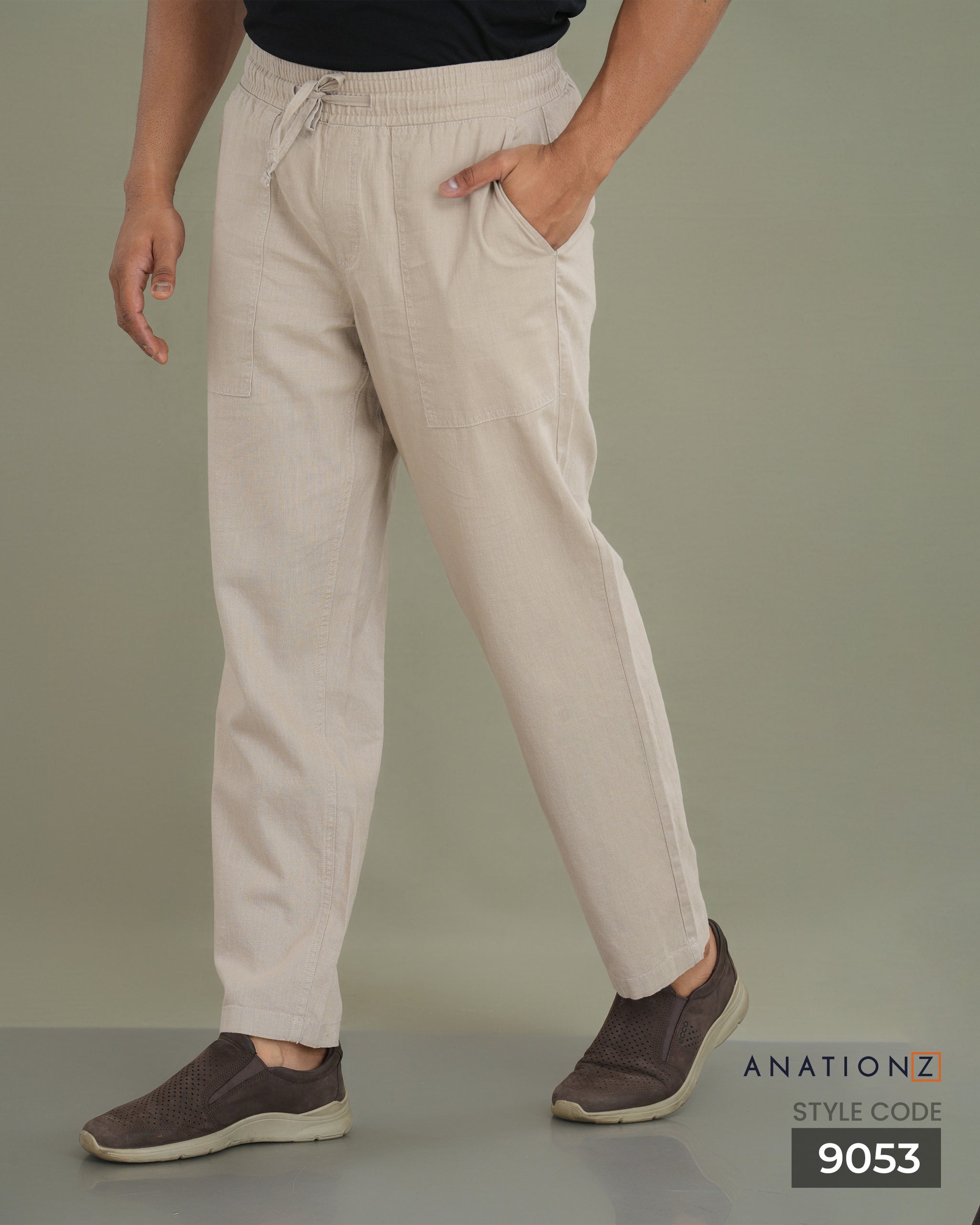 AnationZ Sand Linen Cotton Relaxed Fit Pants with Patch Pockets